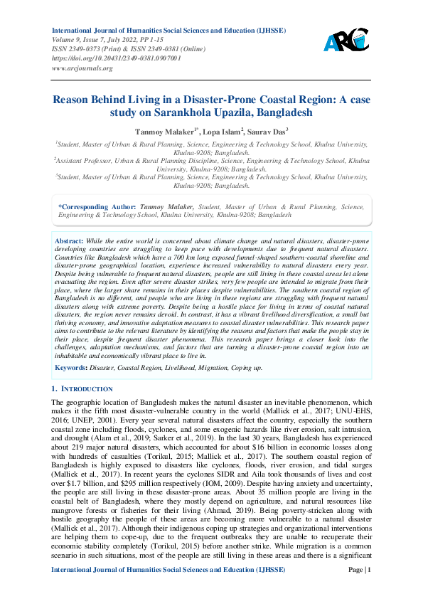 (PDF) Reason Behind Living in a Disaster-Prone Coastal Region: A case ...