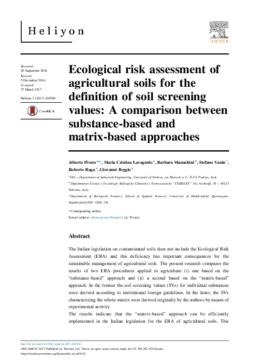 (PDF) Ecological risk assessment of agricultural soils for the definition of soil screening ...