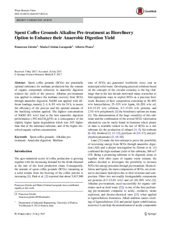 (PDF) Spent Coffee Grounds Alkaline Pre-treatment as Biorefinery Option ...
