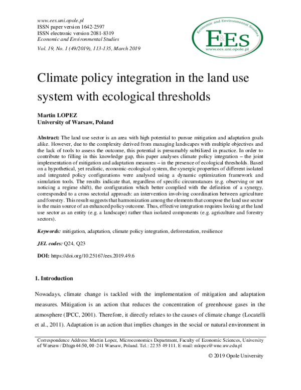 (PDF) Climate Policy Integration in the Land Use System with Ecological ...