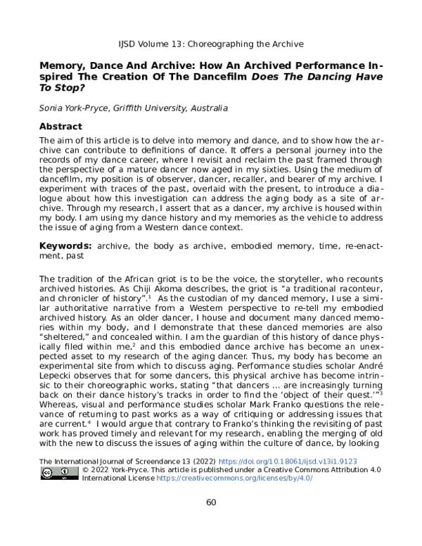 (PDF) Memory, Dance and Archive: How an Archived Performance Inspired ...