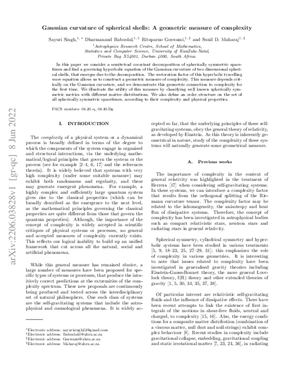 (PDF) Gaussian curvature of spherical shells: a geometric measure of complexity