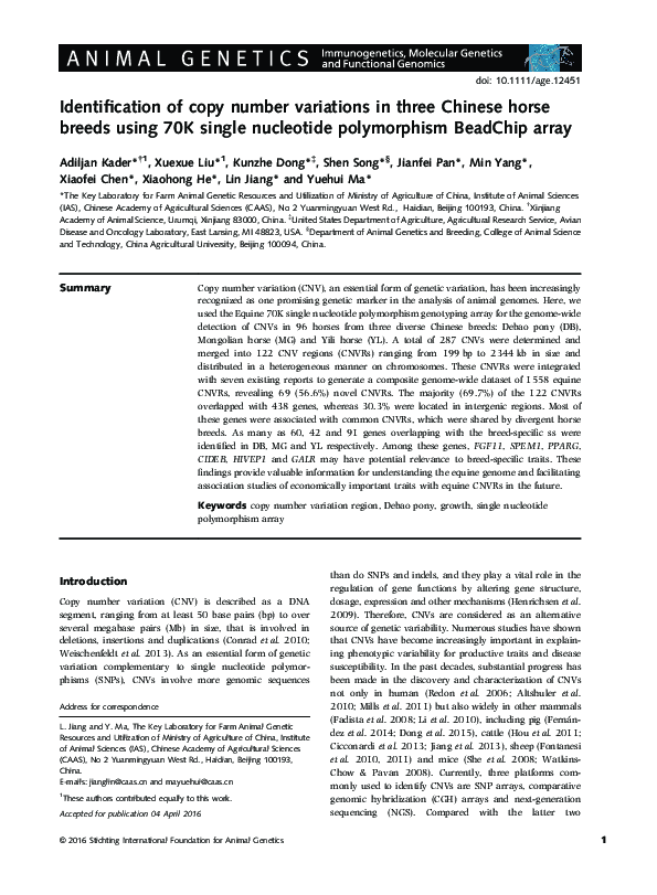 (PDF) Identification of copy number variations in three Chinese horse breeds using 70K single ...