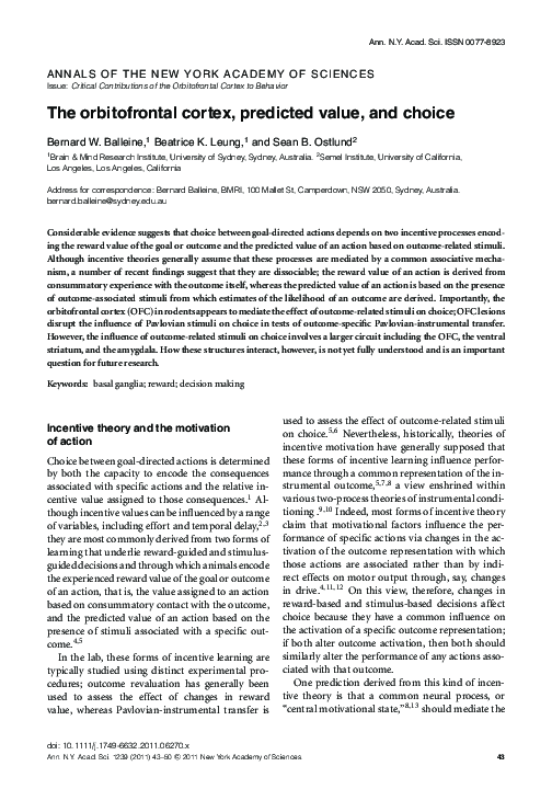 (PDF) The orbitofrontal cortex, predicted value, and choice | Bernard Balleine - Academia.edu