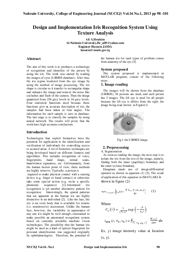 Pdf Design And Implementation Iris Recognition System Using Texture Analysis Ali Ibrahim