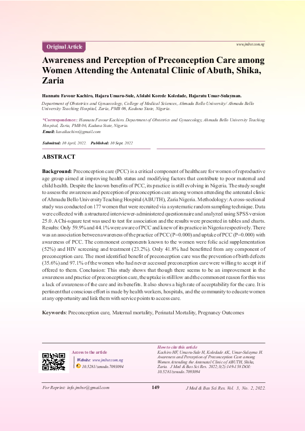 (PDF) Awareness and Perception of Preconception Care among Women Attending the Antenatal Clinic ...