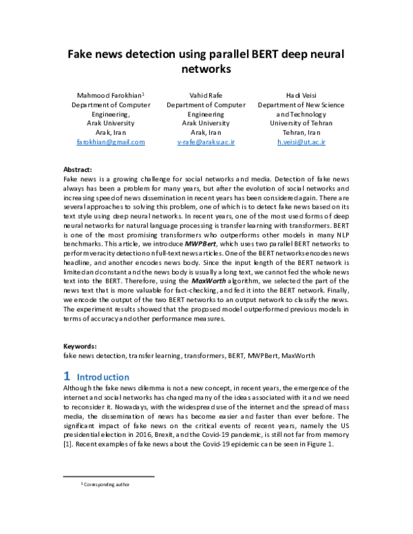 Pdf Fake News Detection Using Parallel Bert Deep Neural Networks