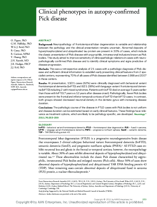 (PDF) Clinical phenotypes in autopsy-confirmed Pick disease