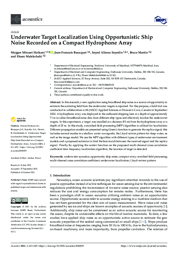 (PDF) Underwater Target Localization Using Opportunistic Ship Noise Recorded on a Compact ...