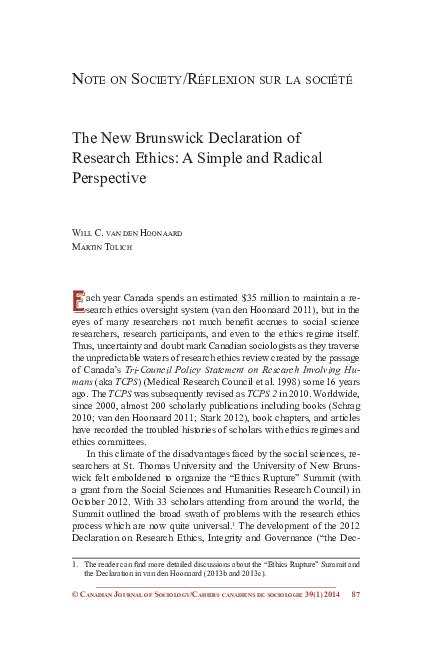 (PDF) The New Brunswick Declaration of Research Ethics: A Simple and ...