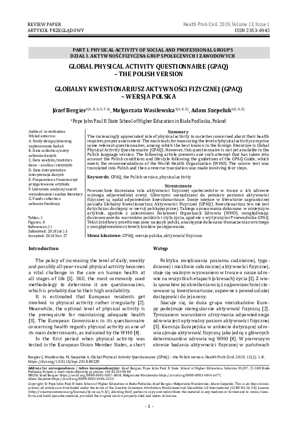 PDF Global Physical Activity Questionnaire GPAQ The Polish pdf-global-physical-activity-questionnaire-gpaq-the-polish
