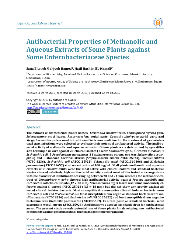 (PDF) Antibacterial Properties of Methanolic and Aqueous Extracts of Some Plants against Some ...