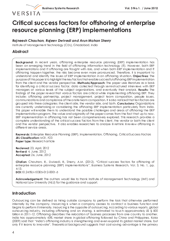 (PDF) Critical success factors for offshoring of enterprise resource planning (ERP) implementations