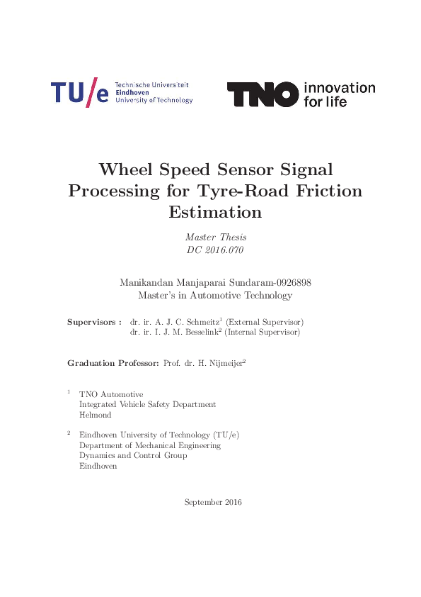 (PDF) Wheel Speed Sensor Signal Processing for Tyre-Road Friction Estimation