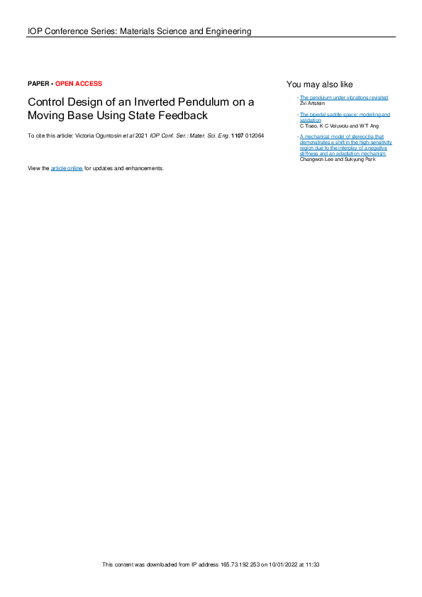 (PDF) Control Design of an Inverted Pendulum on a Moving Base Using State Feedback