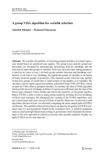 (PDF) A group VISA algorithm for variable selection