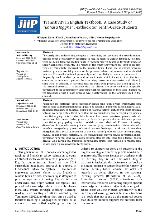 (PDF) Transitivity In English Textbook: A Case Study of “Bahasa Inggris ...