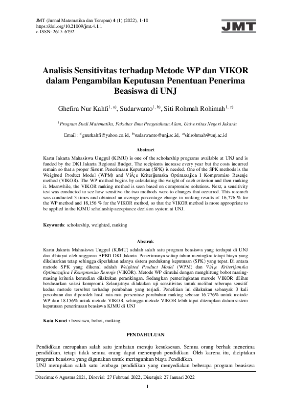 (PDF) Analisis Sensitivitas terhadap Metode WP dan VIKOR dalam ...