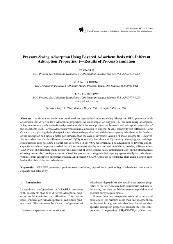 Pdf Pressure Swing Adsorption Using Layered Adsorbent Beds With Different Adsorption