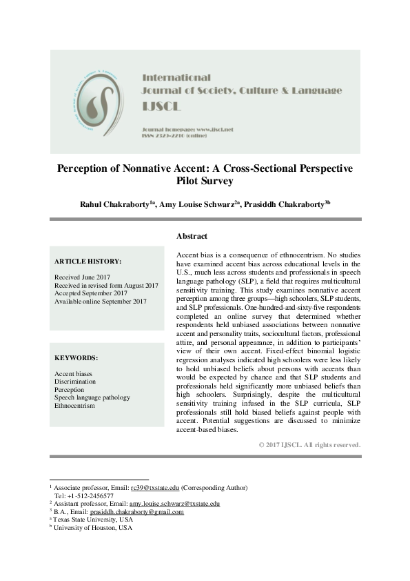 (PDF) Perception of Nonnative Accent: A Cross-Sectional Perspective Pilot Survey