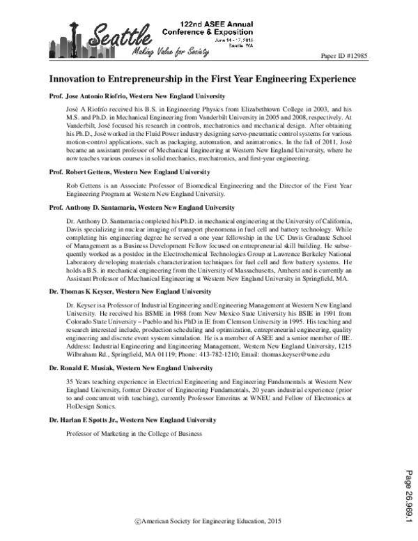 (PDF) Innovation to Entrepreneurship in the First Year Engineering ...