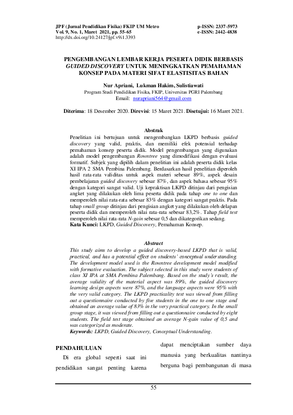 (PDF) Pengembangan Lembar Kerja Peserta Didik Berbasis Guided Discovery untuk Meningkatkan ...