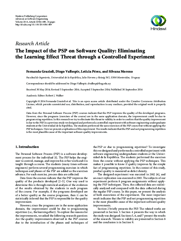 (PDF) The Impact of the PSP on Software Quality: Eliminating the ...