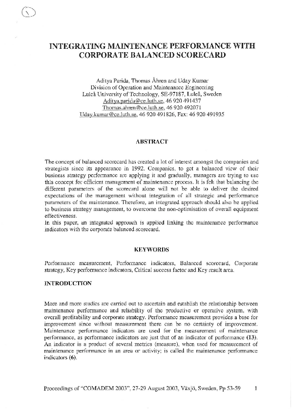 (PDF) Integrating maintenance performance with corporate balanced scorecard