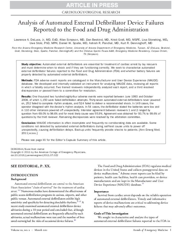 (PDF) Analysis of Automated External Defibrillator Device Failures ...
