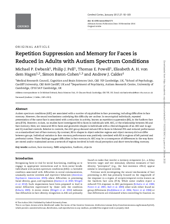 (PDF) Repetition Suppression and Memory for Faces is Reduced in Adults ...