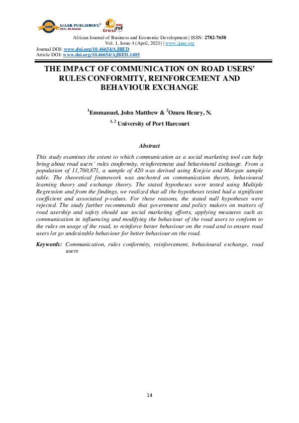 (PDF) The Impact of Communication on Road Users’ Rules Conformity ...