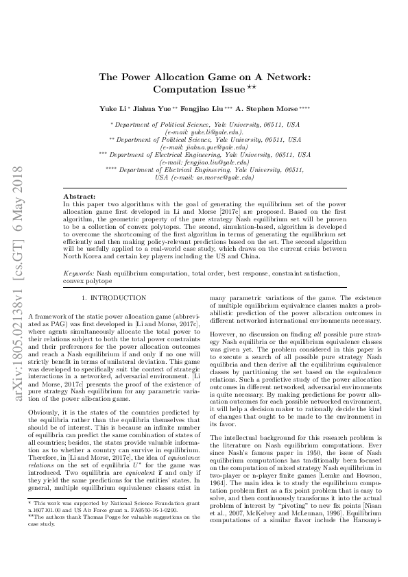 Pdf The Power Allocation Game On A Network Computation Issue