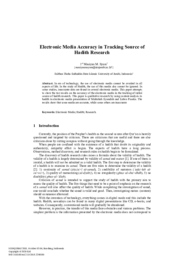 (PDF) Electronic Media Accuracy in Tracking Source of Hadith Research