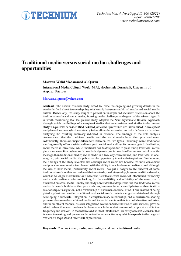 (PDF) Traditional media versus social media: challenges and opportunities