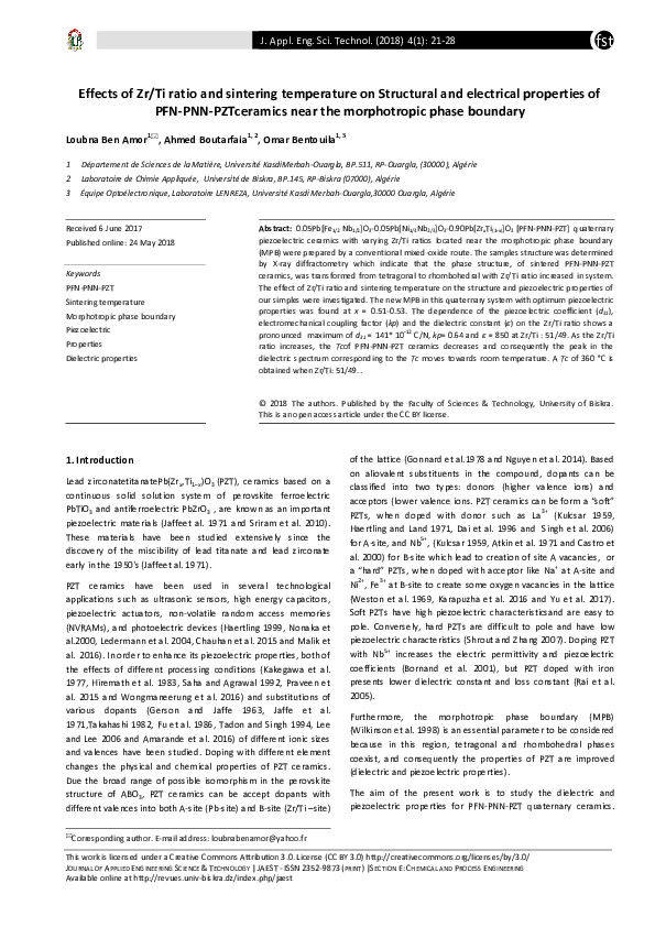 (PDF) Effects of Zr/Ti ratio and sintering temperature on Structural ...