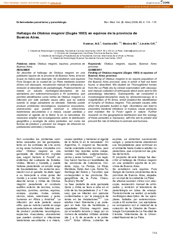 (PDF) Finding of Otobius megnini (Dugès 1883) in equines of Buenos ...