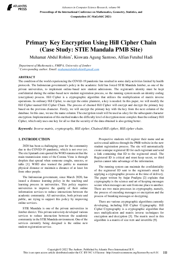 (PDF) Primary Key Encryption Using Hill Cipher Chain (Case Study: STIE ...