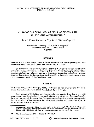 (PDF) Ciliados Dulceacuícolas de la Argentina, III: Ciliophora - Peritricha