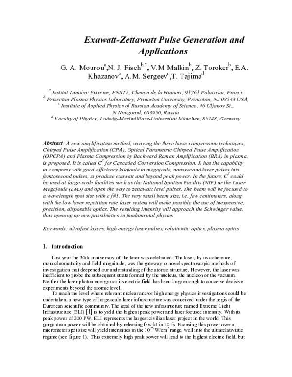 (PDF) Exawatt-Zettawatt pulse generation and applications