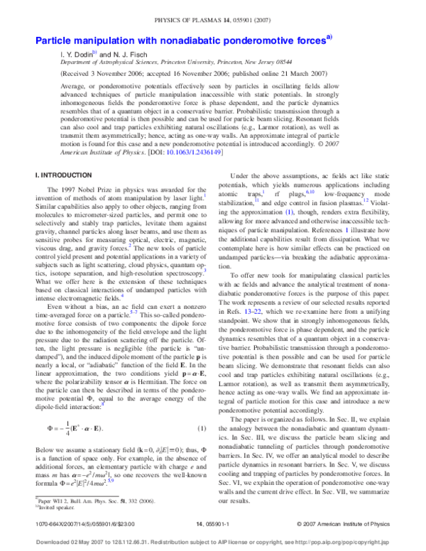 (PDF) Particle manipulation with nonadiabatic ponderomotive forces