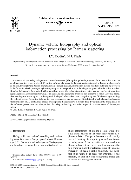 (PDF) Dynamic volume holography and optical information processing by Raman scattering