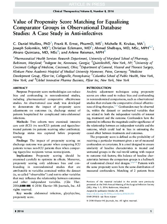 (PDF) Value of Propensity Score Matching for Equalizing Comparator ...