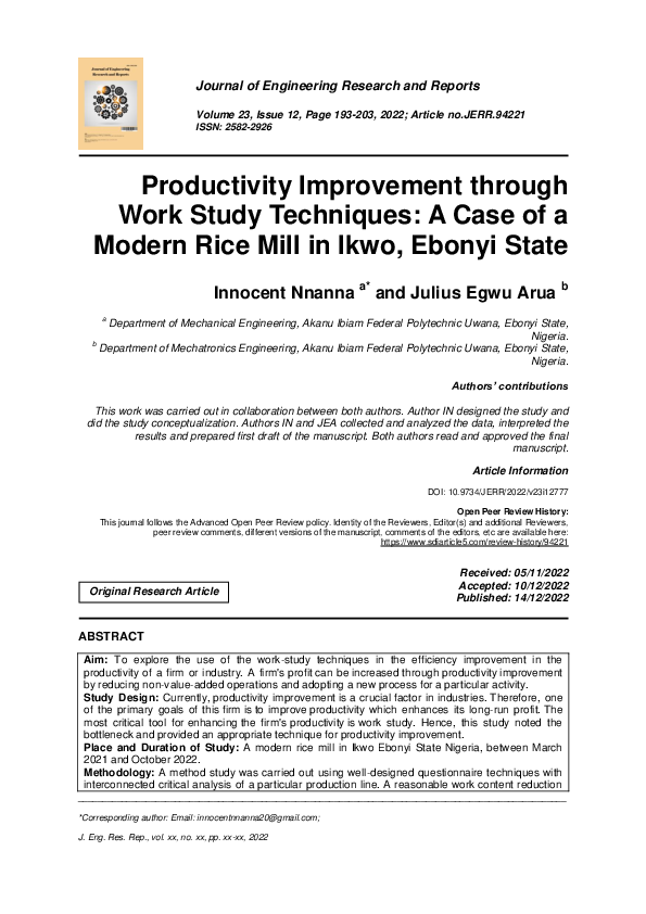 (PDF) Productivity Improvement through Work Study Techniques: A Case of a Modern Rice Mill in ...