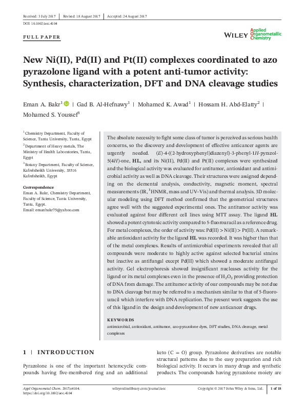 (PDF) New Ni(II), Pd(II) and Pt(II) complexes coordinated to azo pyrazolone ligand with a potent ...