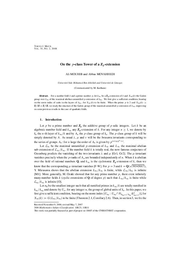 (PDF) On the $p$-class Tower of a $\textbf{Z}_{\textrm{p}}$-extension