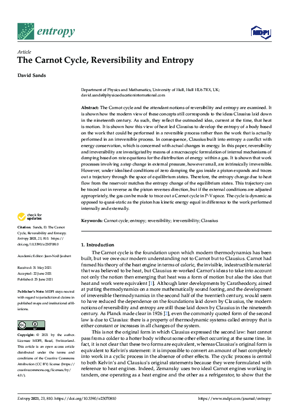 (PDF) The Carnot Cycle, Reversibility and Entropy