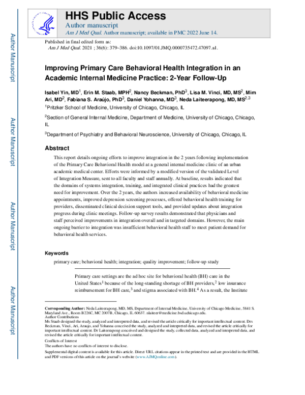 (PDF) Improving Primary Care Behavioral Health Integration in an Academic Internal Medicine Practice