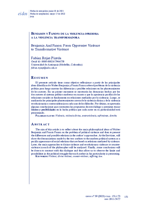 (PDF) Benjamin y Fanon: de la violencia opresora a la violencia ...