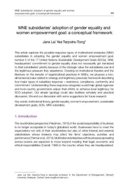(PDF) MNE subsidiaries’ adoption of gender equality and women empowerment goal: A conceptual ...