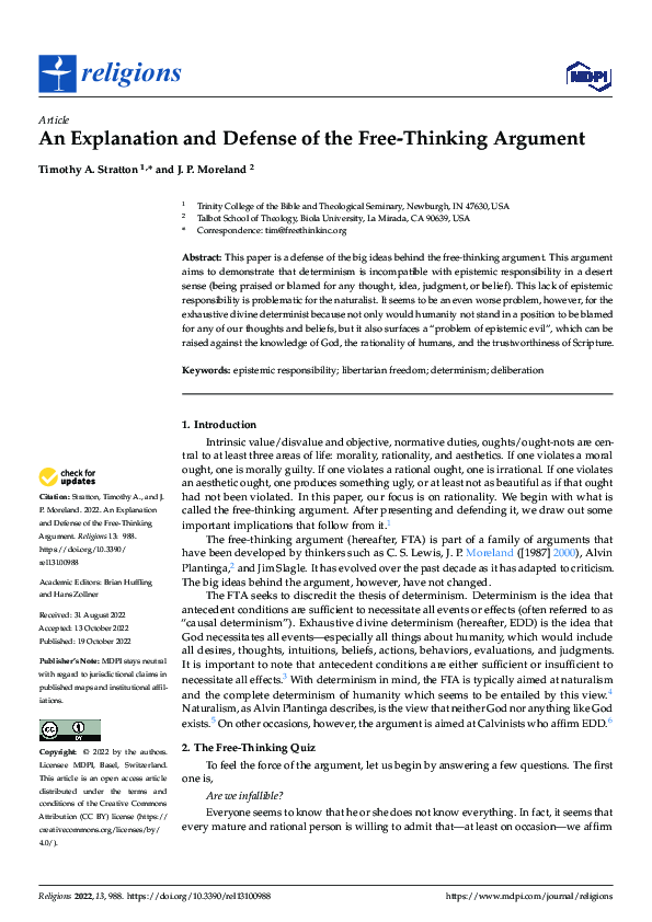(PDF) An Explanation and Defense of the Free-Thinking Argument